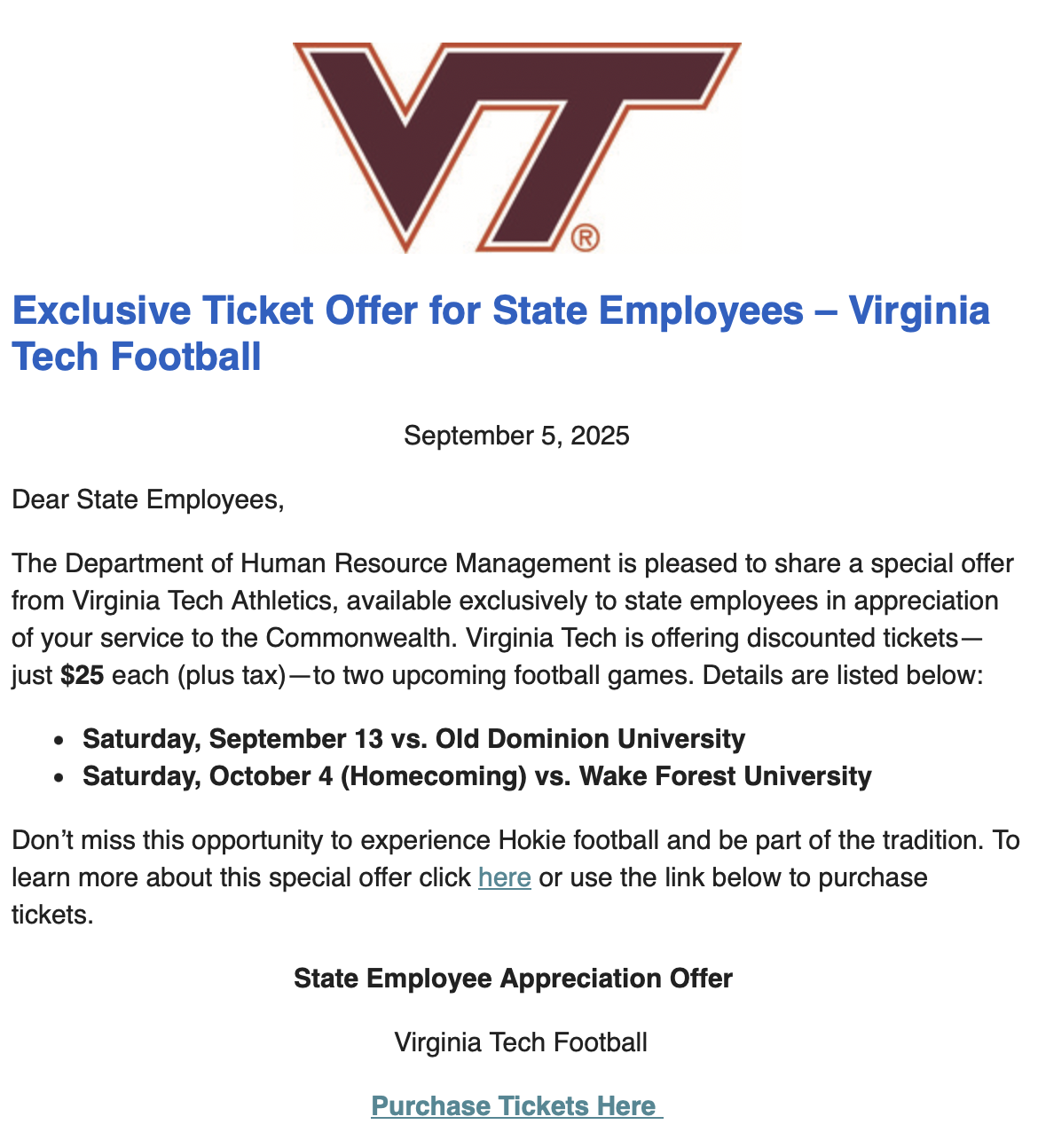 Exclusive Ticket Offer for State Employees – Virginia Tech Football ...