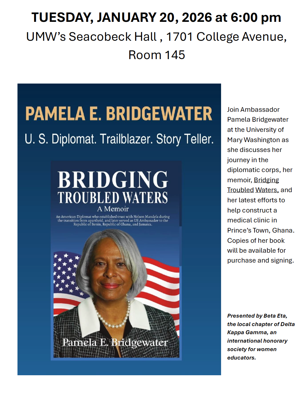 U.S. Diplomat Ambassador Pamela Bridgewater Lecture, Jan. 20 - EagleEye